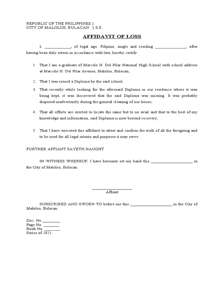 Affidavit of Loss - Diploma | PDF