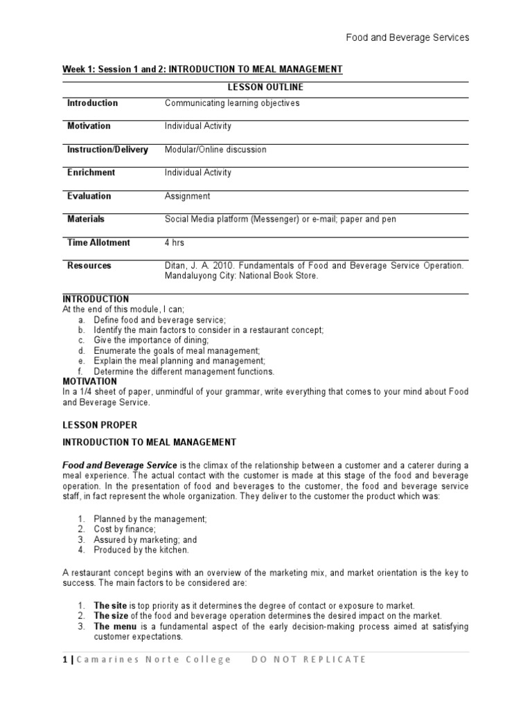 Week 1 FBS | PDF | Goal | Restaurants