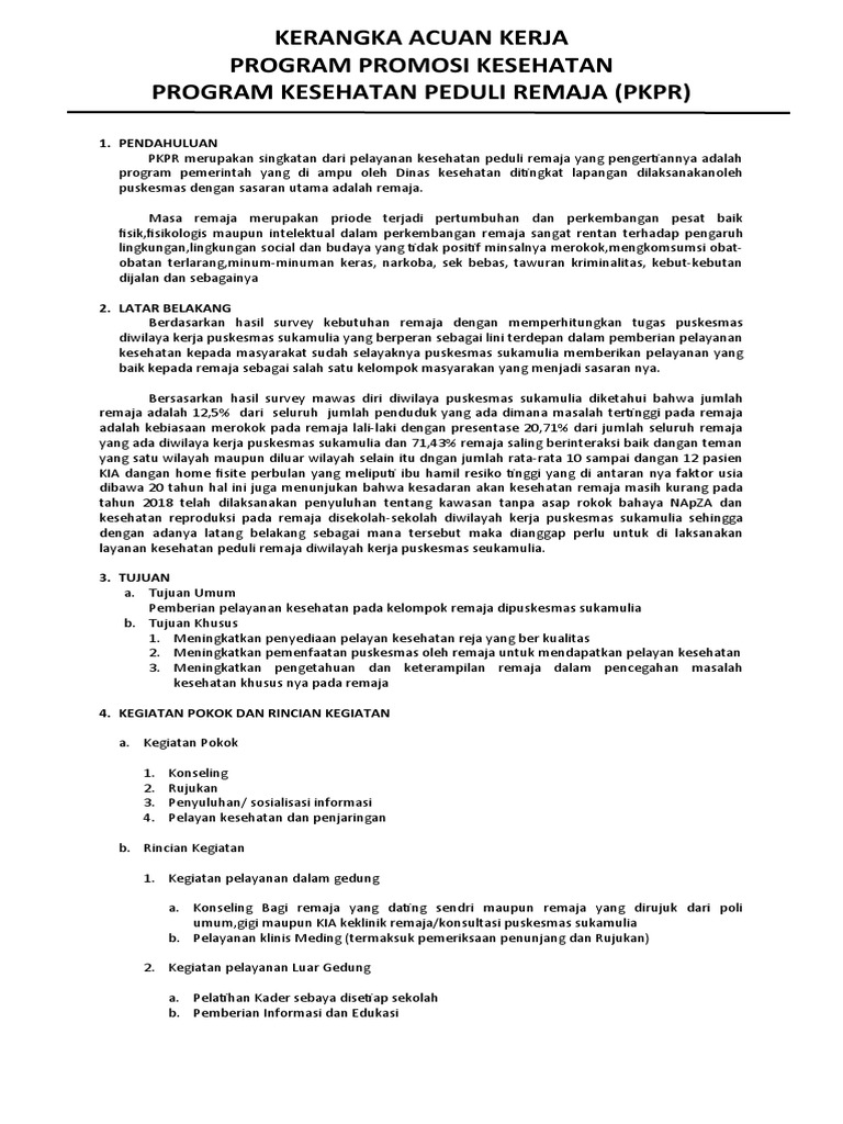 Kerangka Acuan Kerja Program Promosi Kesehatan Program Kesehatan Peduli Remaja (PKPR) | PDF