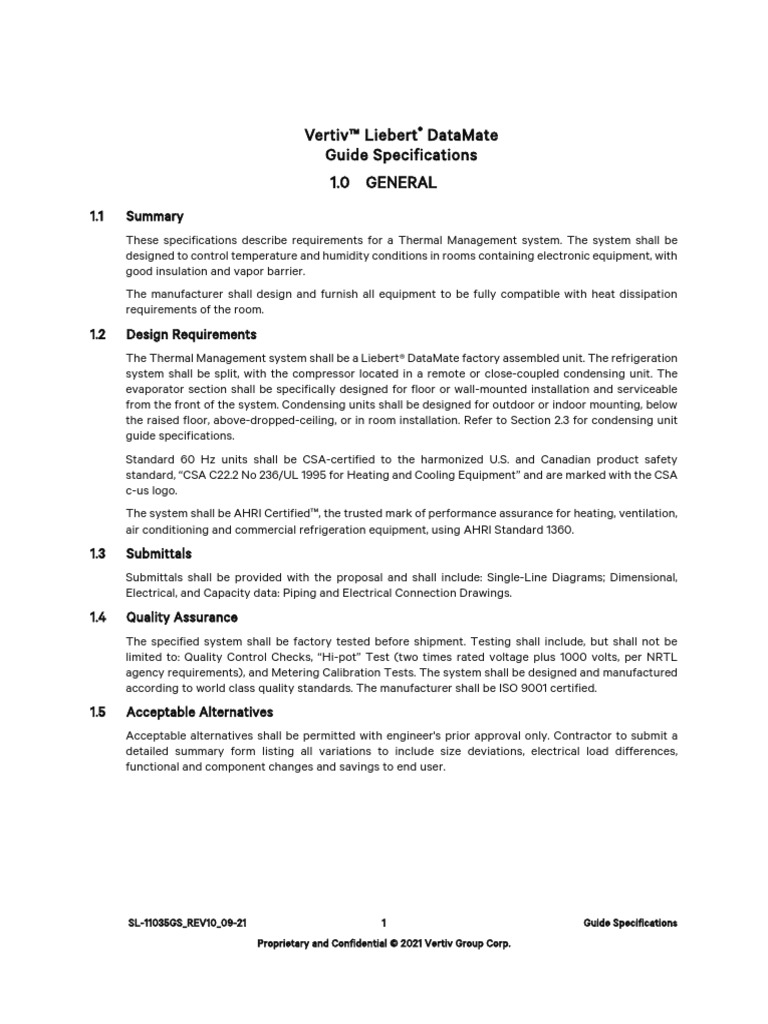 Liebert Datamate 1.5 To 3 Ton Guide Specifications - 00 | PDF | Valve | Air Conditioning
