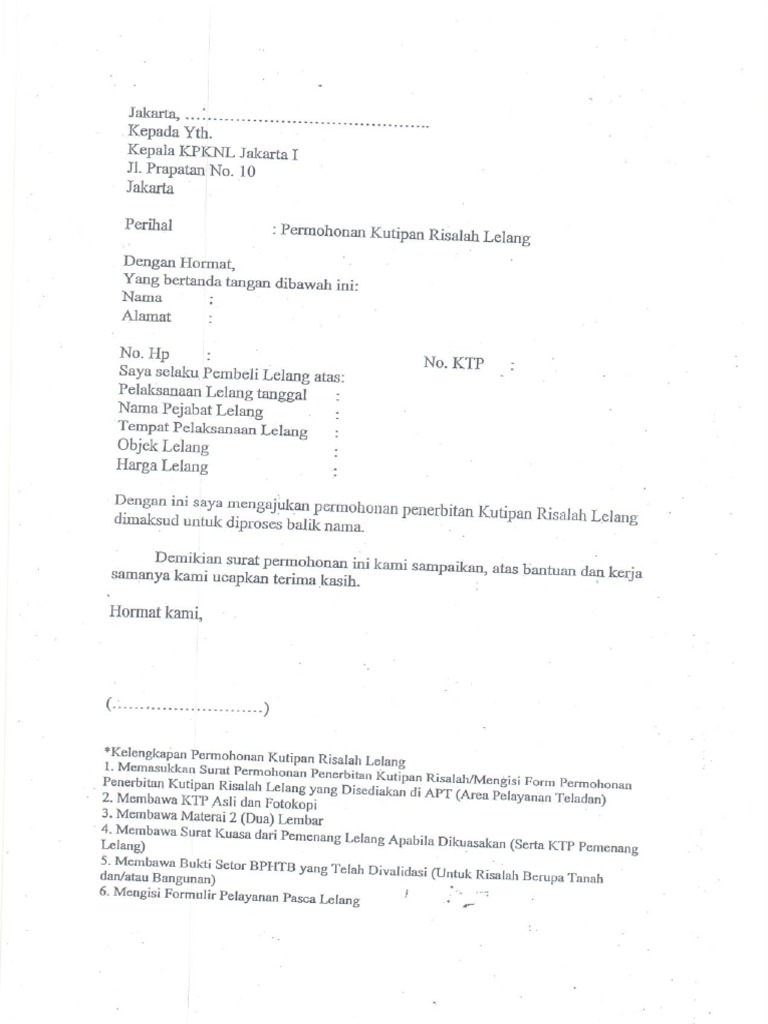 Form Permohonan Kutipan Risalah Lelang | PDF