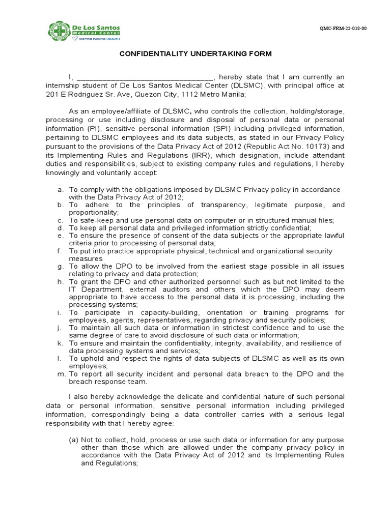 Confidentiality Undertaking Form (Interns) | PDF | Non Disclosure ...