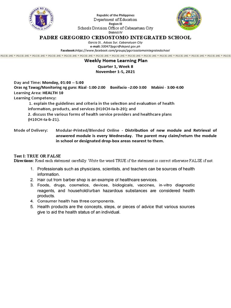 Health Learning Plan Week 8 | PDF