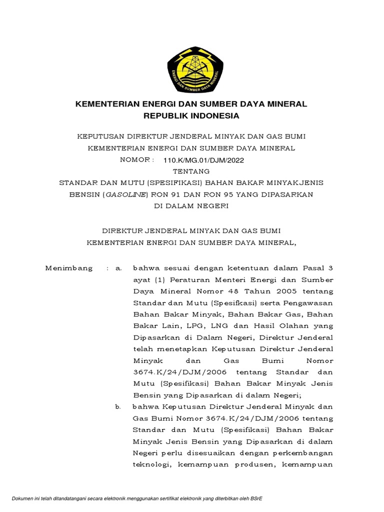 Spesifikasi Bensin RON 91 dan RON 95 | PDF