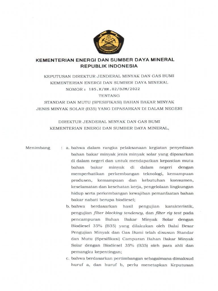 SK 185.K - Spesifikasi BBM Jenis Minyak Solar B35 Yang Dipasarkan Di ...