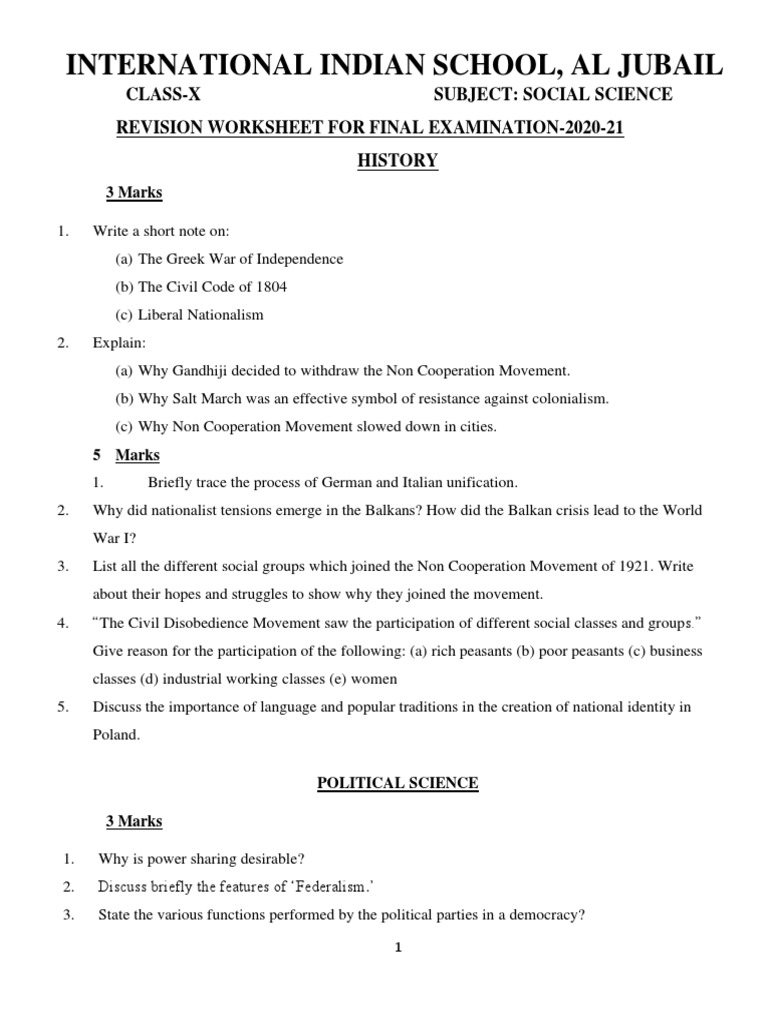 Class 10 Revision Worksheet Social Science-2020-21 | PDF | Civil ... Class 10 Revision Worksheet Social Science-2020-21 | PDF | Civil ...