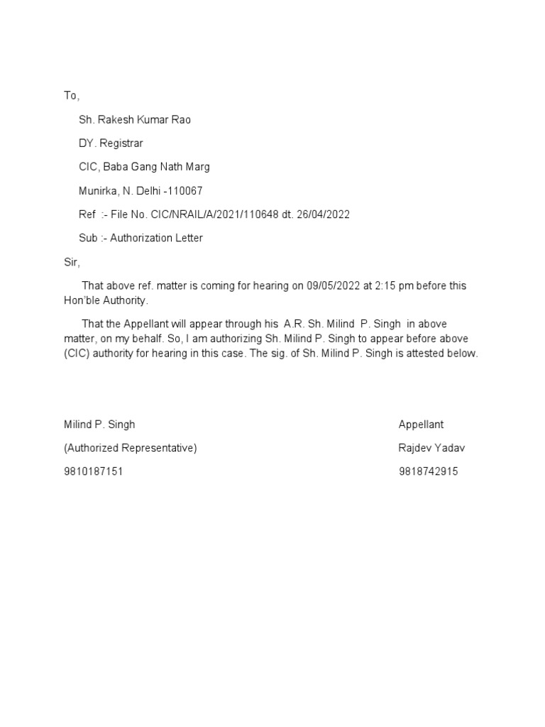 Authorization Letter for Hearing | PDF