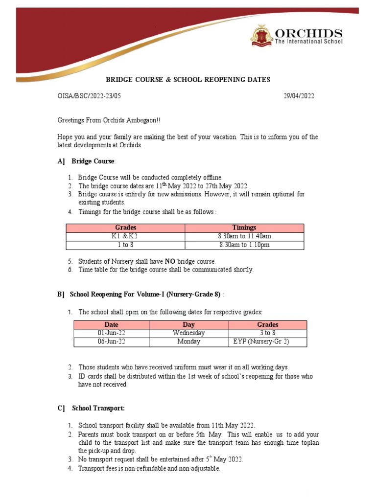Orchids School Bridge Course & Reopening Dates | PDF