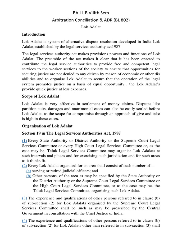 BALLB VIII SEM ARBITRATION CONCILIATIONN & ADR Lecture On Lok Adalat | PDF | Alternative Dispute ...