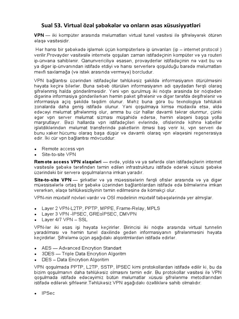 Sual 53. Virtual Özəl ŞƏBƏKƏLƏR VƏ Onların Əsas Xüsusiyyətləri | PDF