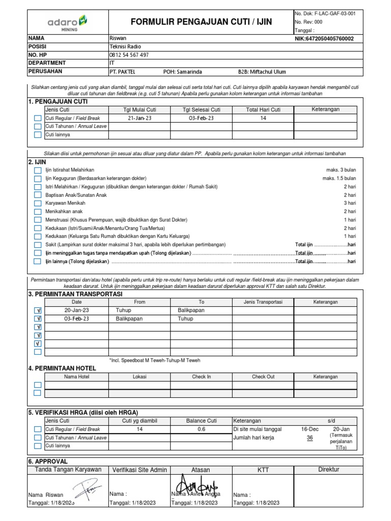 Riswan-Paktel Form Cuti Jan2023 | PDF