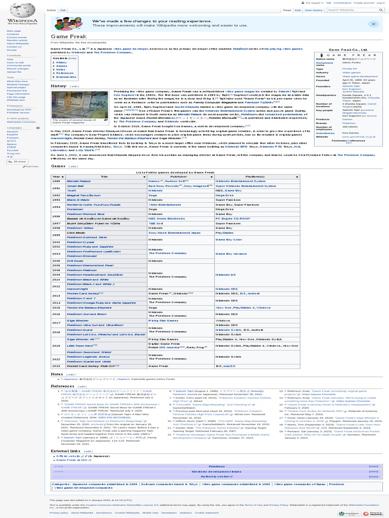 En Wikipedia Org Wiki Game Freak | PDF | Pokémon | Nintendo Franchises