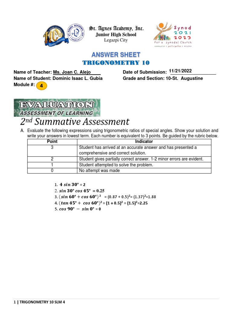 SLM 4 Trigonometric Ratios of Special Angles Answer Sheet-Summative ...