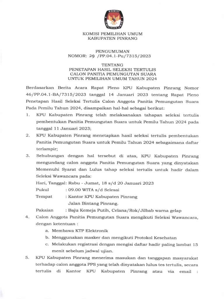 Pengumuman Hasil Seleksi Tertulis PPS | PDF