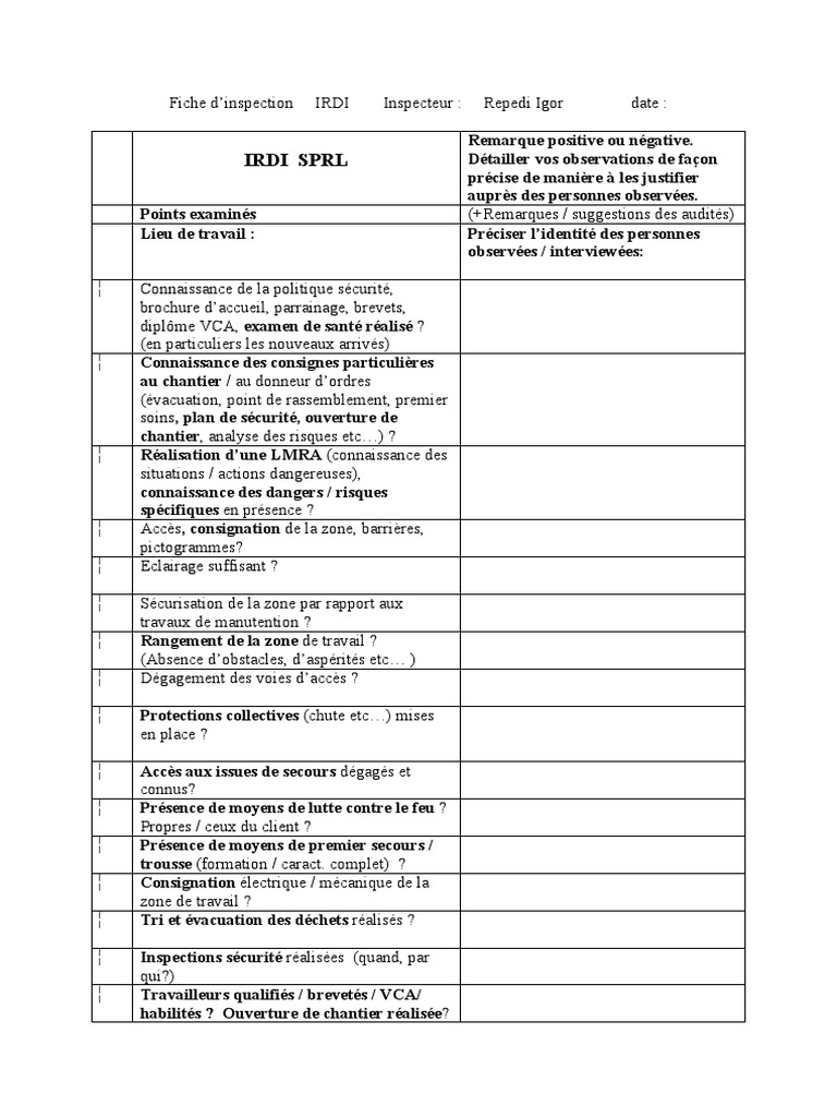 A 15 Fiche D'inspection Chantier | PDF | Sécurité