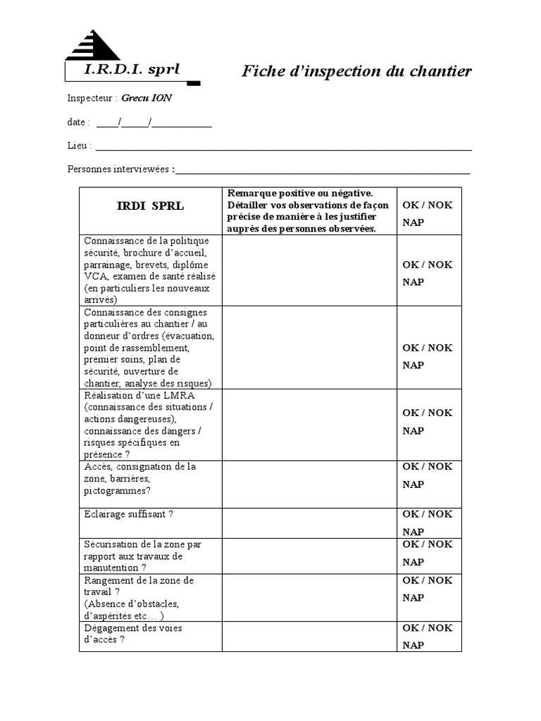 Fiche d'inspection sécurité chantier | PDF | Technologie et ingénierie
