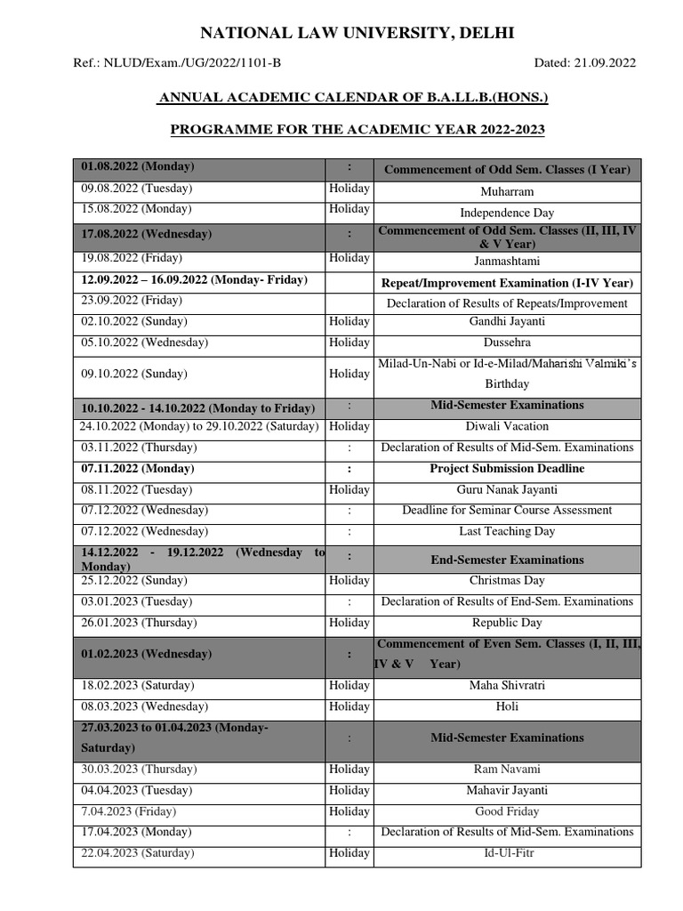 1-Revised Annual Academic Calendar 2022-2023 - NLUD | PDF | Academic ...