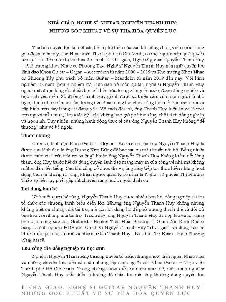 NHÀ GIÁO, NGHỆ SĨ GUITAR NGUYỄN THANH HUY: NHỮNG GÓC KHUẤT VỀ SỰ THA HÓA QUYỀN LỰC | PDF