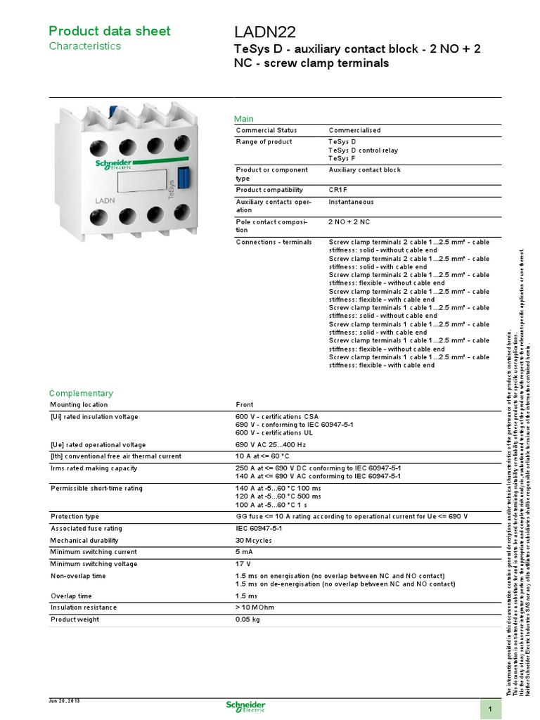 Telemecanique LADN22 Datasheet | PDF | Fuse (Electrical) | Physical Quantities