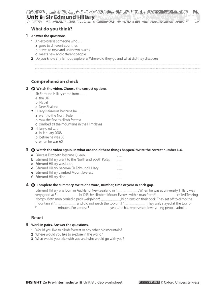 Insight2e Preint Documentary Video Worksheet U8 | PDF | Mount Everest