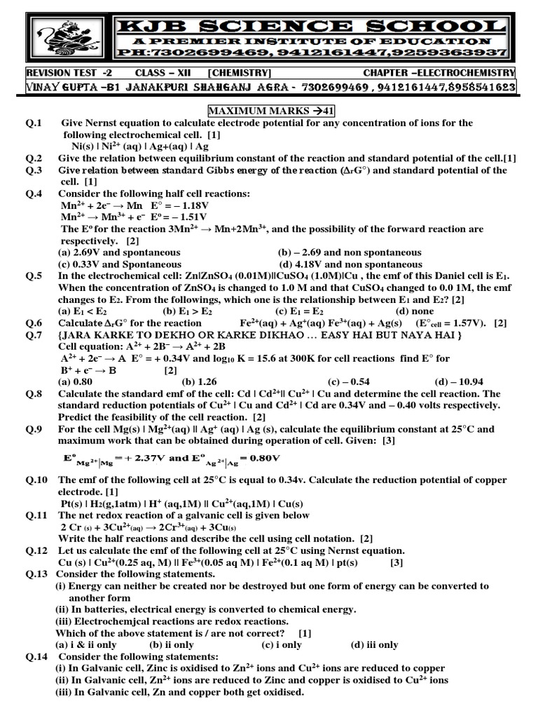KJB Test - 2 Electrochemistry | PDF | Electrochemistry | Redox