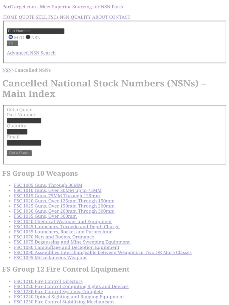 Cancelled NSNs. Main Index | PDF | Vehicles | Fire Control System