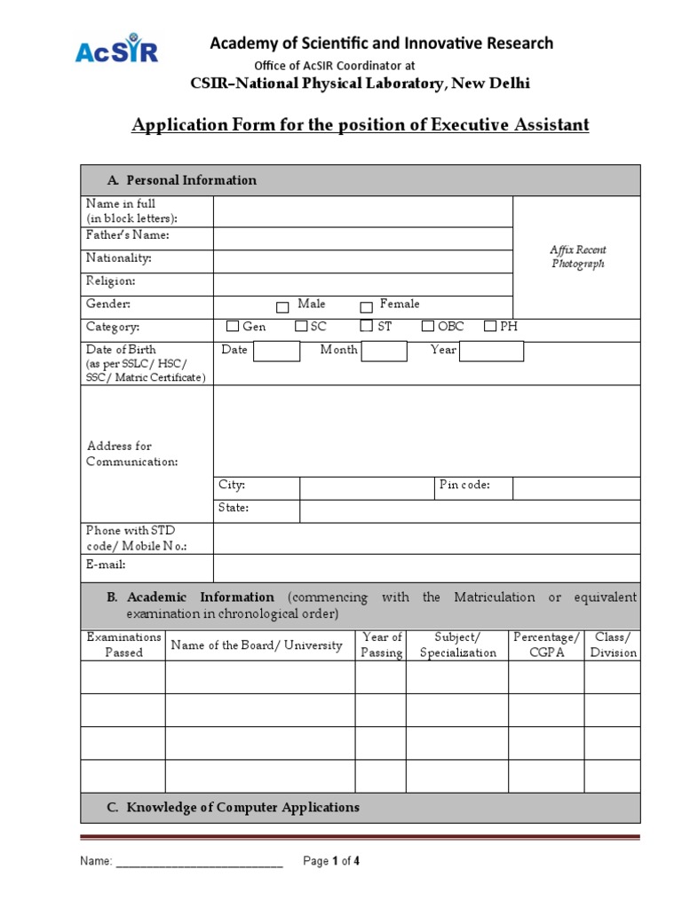 Application Form For EA CSIR NPL | PDF | Information