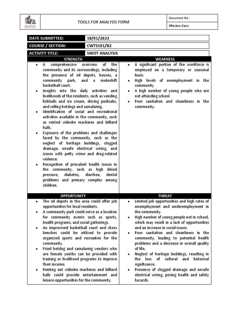 Form - CWTS101 Tools For Analysis Swot | PDF | Health Sciences