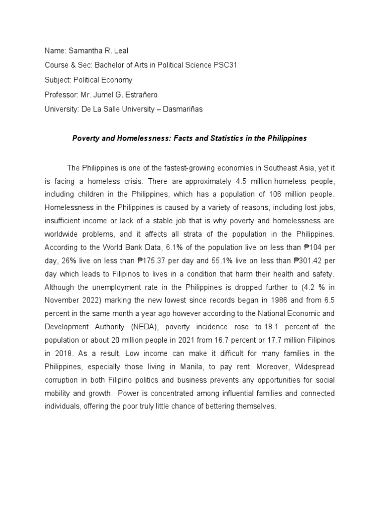 Poverty and Homelessness: Facts and Statistics in The Philippines | PDF