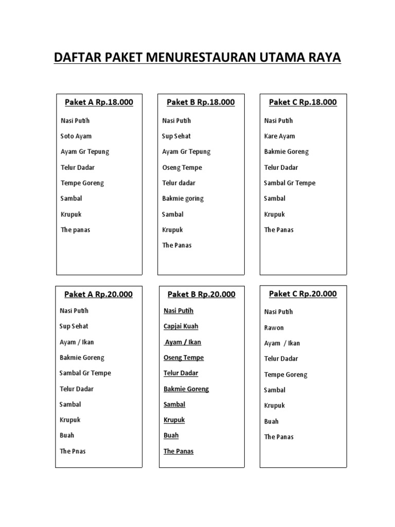 Daftar Menu Restaurant Utama Raya | PDF