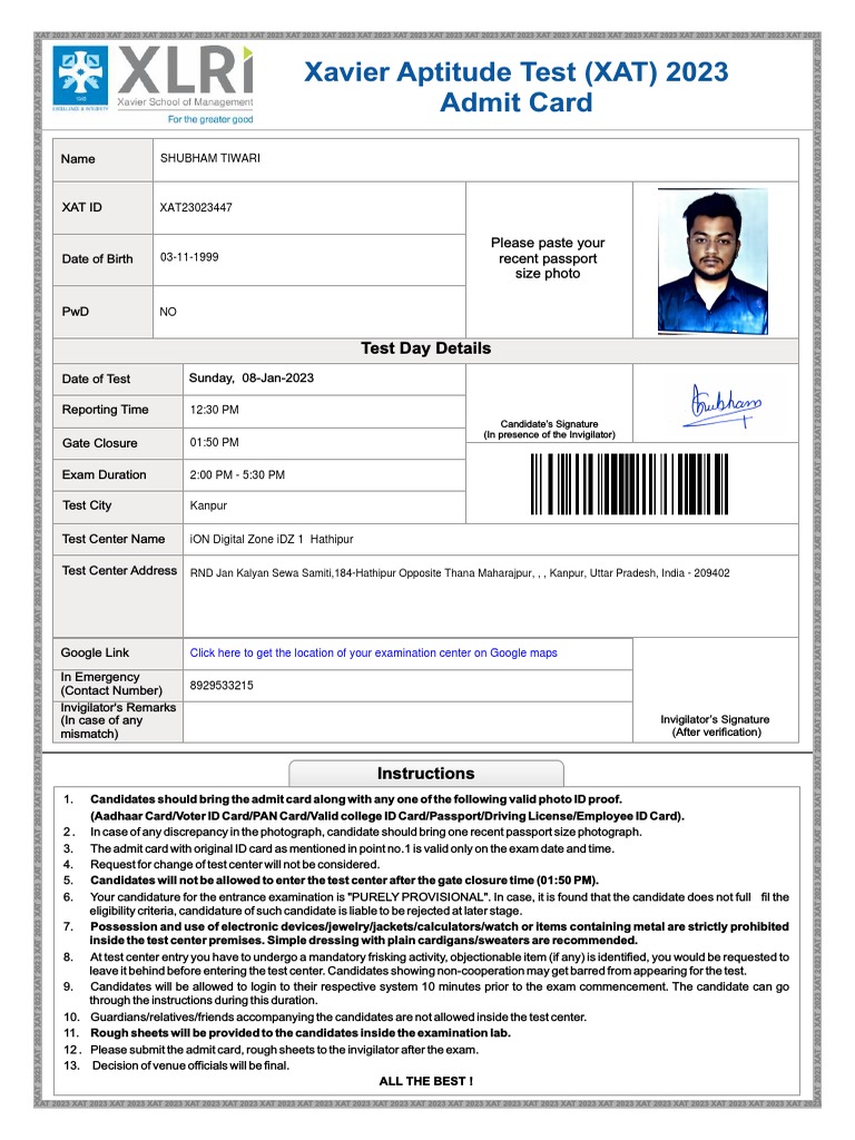 Xavier Aptitude Test 2023 Admit Card for SHUBHAM TIWARI | PDF