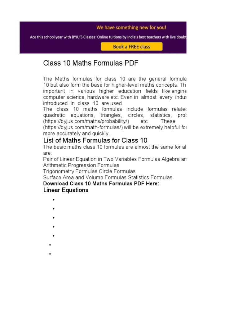 Maths Formulas For Class 10 PDF | PDF | Area | Trigonometric Functions