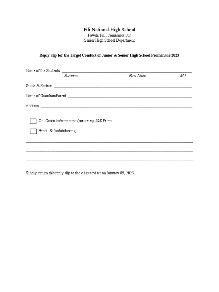 Reply Slip For JS Prom | PDF