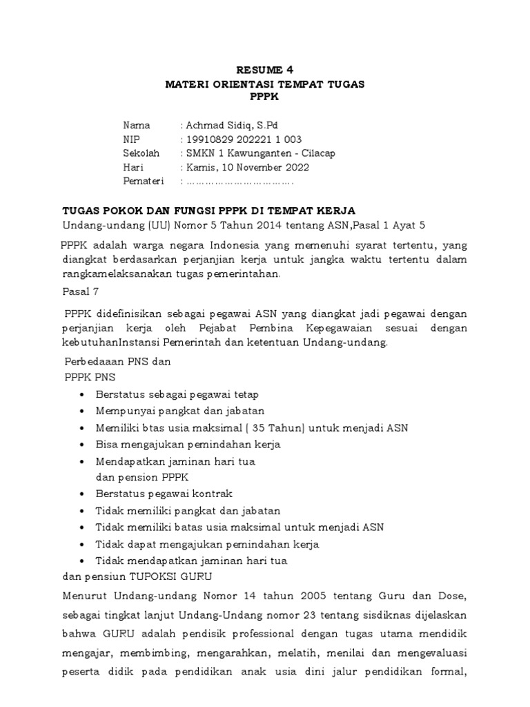 Resume 4 Materi Orientasi Tempat Tugas PPPK | PDF