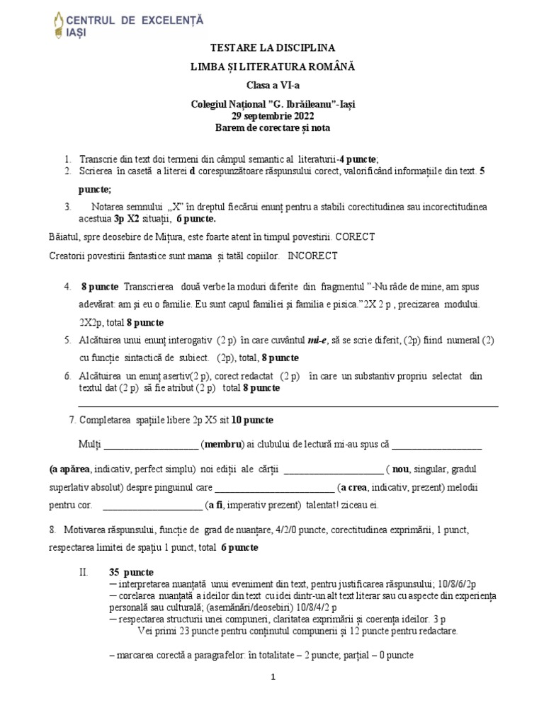 Barem Subiect CEX Limba Romana Clasa A VI A 2022 | PDF