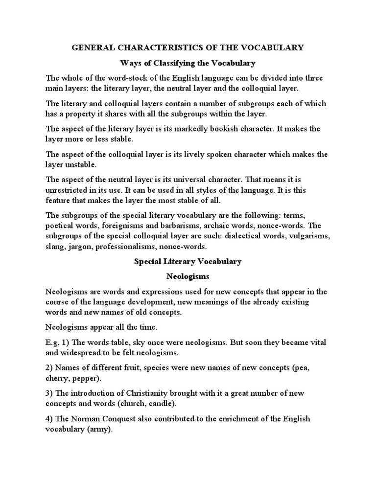 Classification and Characteristics of the English Vocabulary: Literary ...