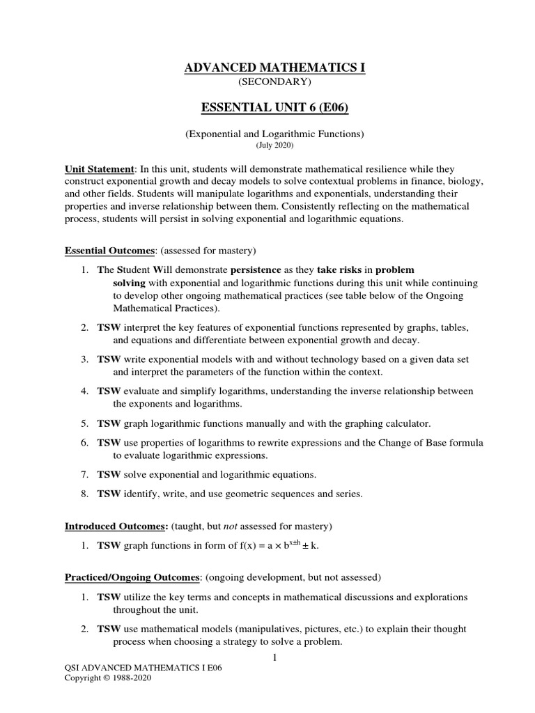 Advanced Math I E06 Exponential And Logarithmic Functions Pdf Logarithm Exponential Function