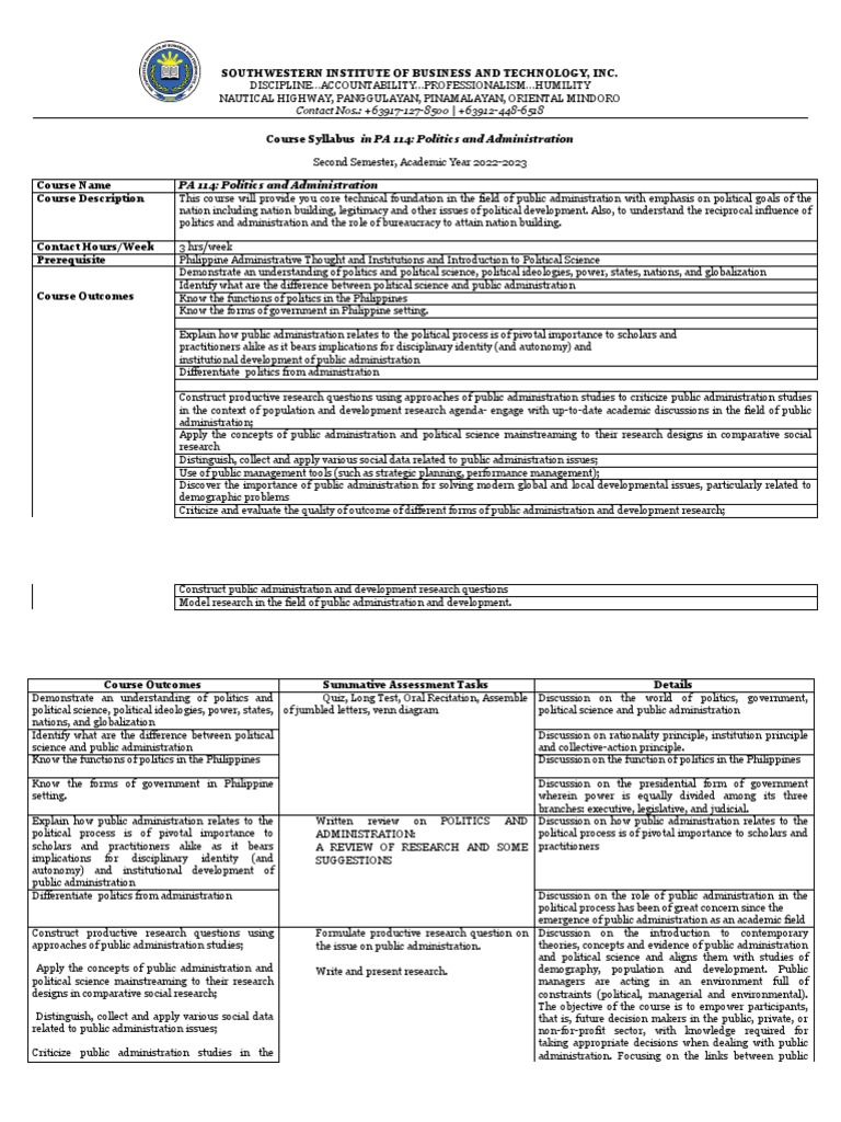 Syllabus in PA 114 - Politics and Administration | PDF | Public ...