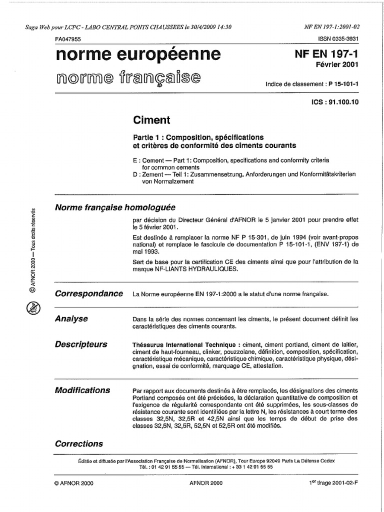 NF EN 197 - 1 Ciments Spécifications | PDF