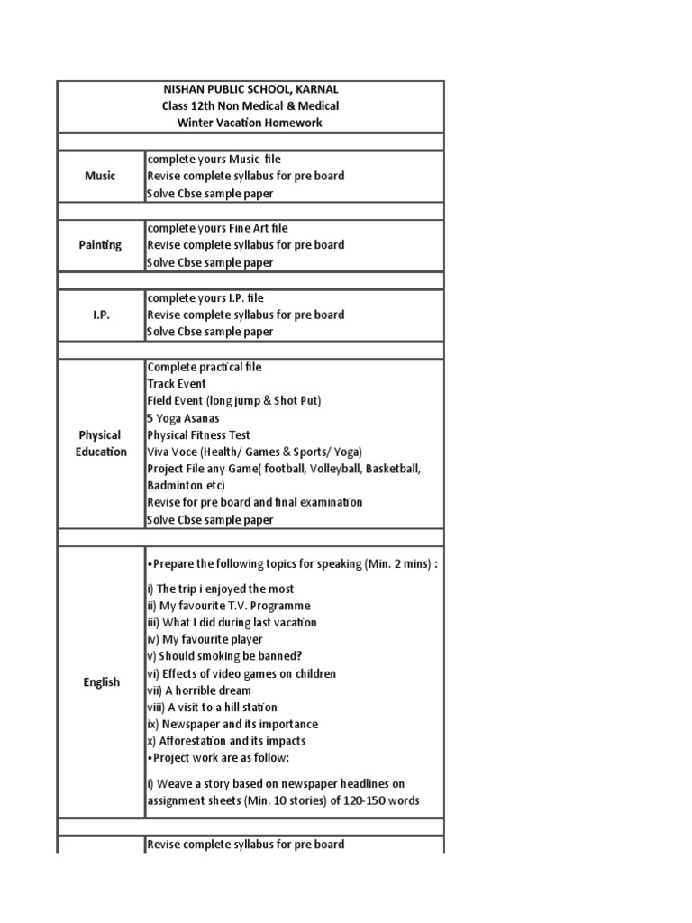 Winter Vacation Homework 12 NM | PDF