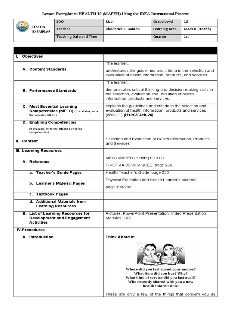 LESSON EXEMPLAR in Health 10 MELC 1 | PDF | Health Care | Health ...