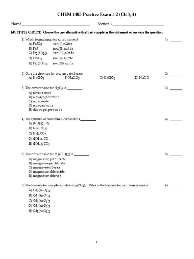 Chemistry 1405 Practice Exam # 2 (CH 3, 4) | PDF | Electron Configuration | Atomic Orbital