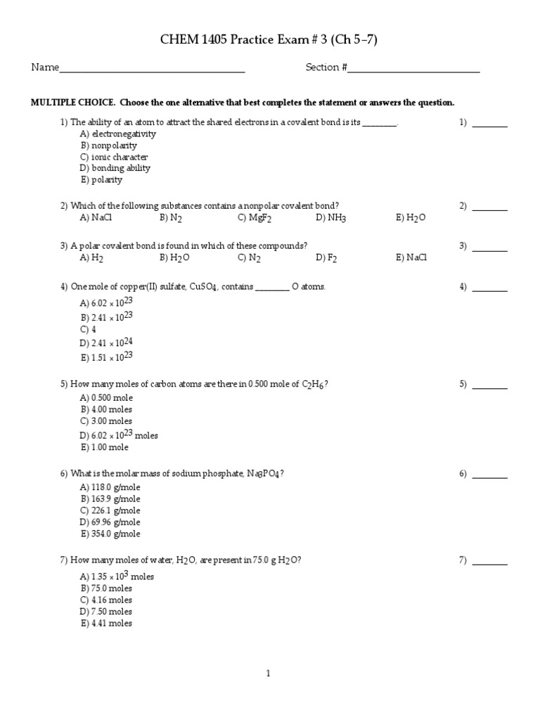 Chemistry 1405 Practice Exam # 3 (CH 5-7) | PDF | Chemical Polarity | Ion