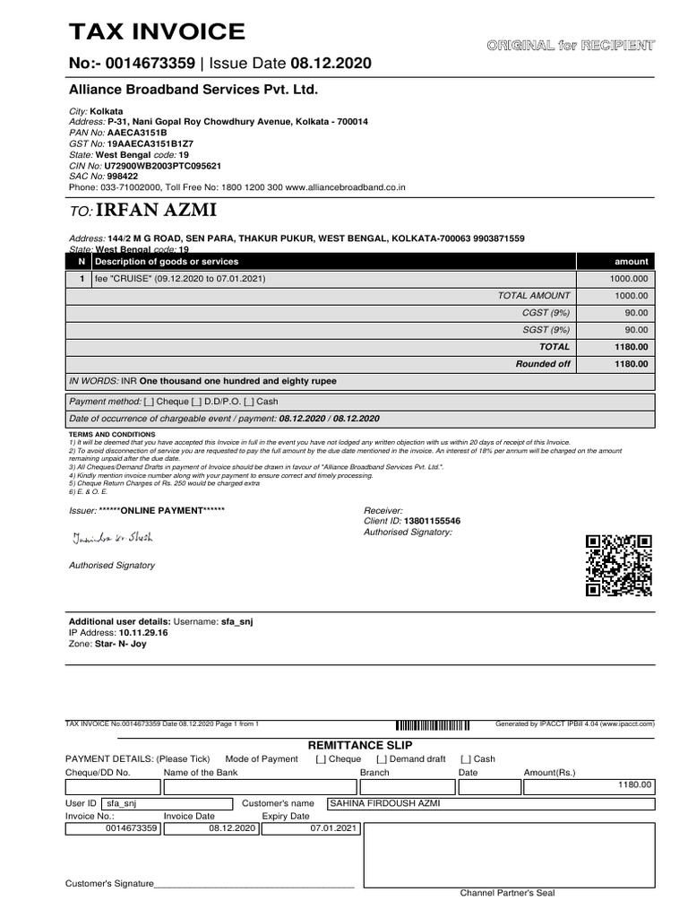 Broadband Bill Dec 2020 | PDF | Cheque | Invoice