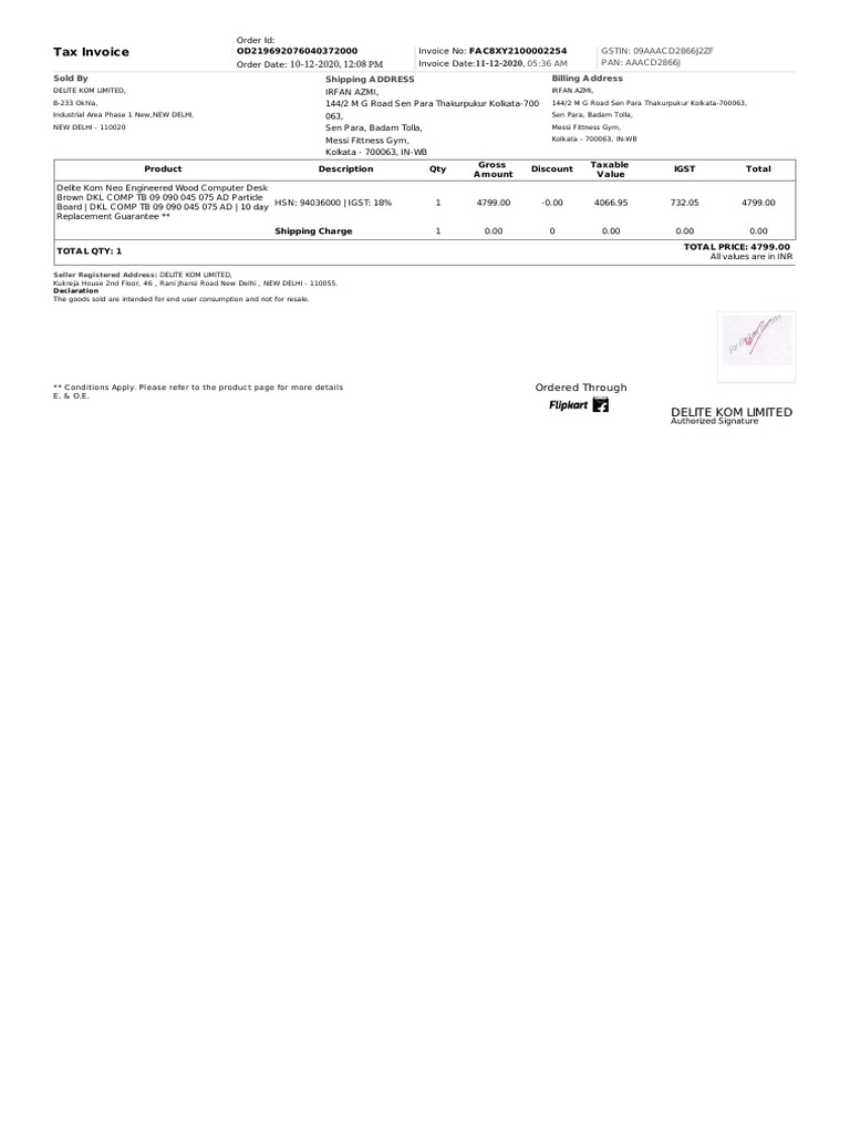 Flipkart Tax Invoice for Desk Purchase | PDF | Trade | Public Law