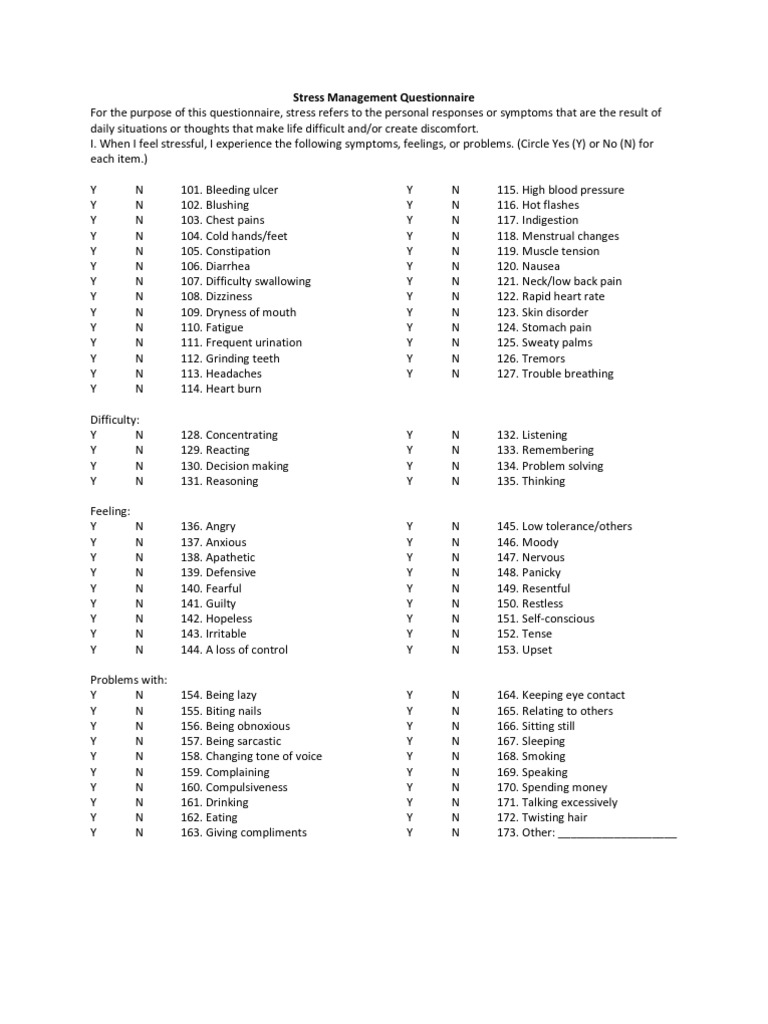 Stress Management Questionnaire | PDF