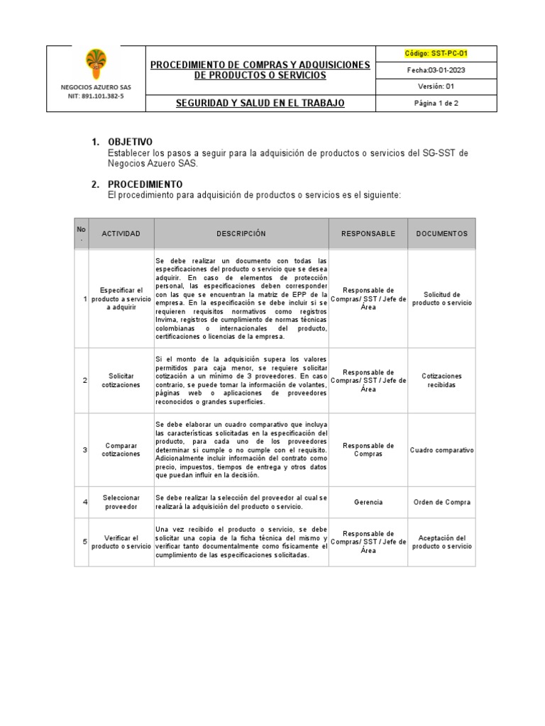 P-SST-019-Procedimiento de Compras y Adquisiciones de Productos o Servicios-1672946212 | PDF ...