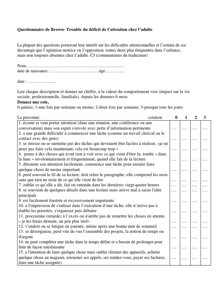 ECHELLE DE DEPISTAGE DE BROWN TDAH Adulte | PDF | Trouble du déficit de ...