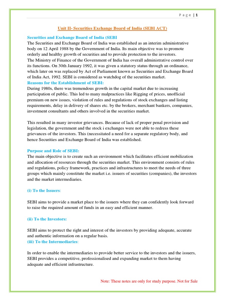 C Law Unit II - Securities Exchange Board of India (SEBI ACT) | PDF ...