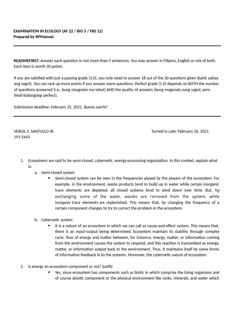 Examination in Ecology 2021 | PDF | Food Web | Ecological Niche